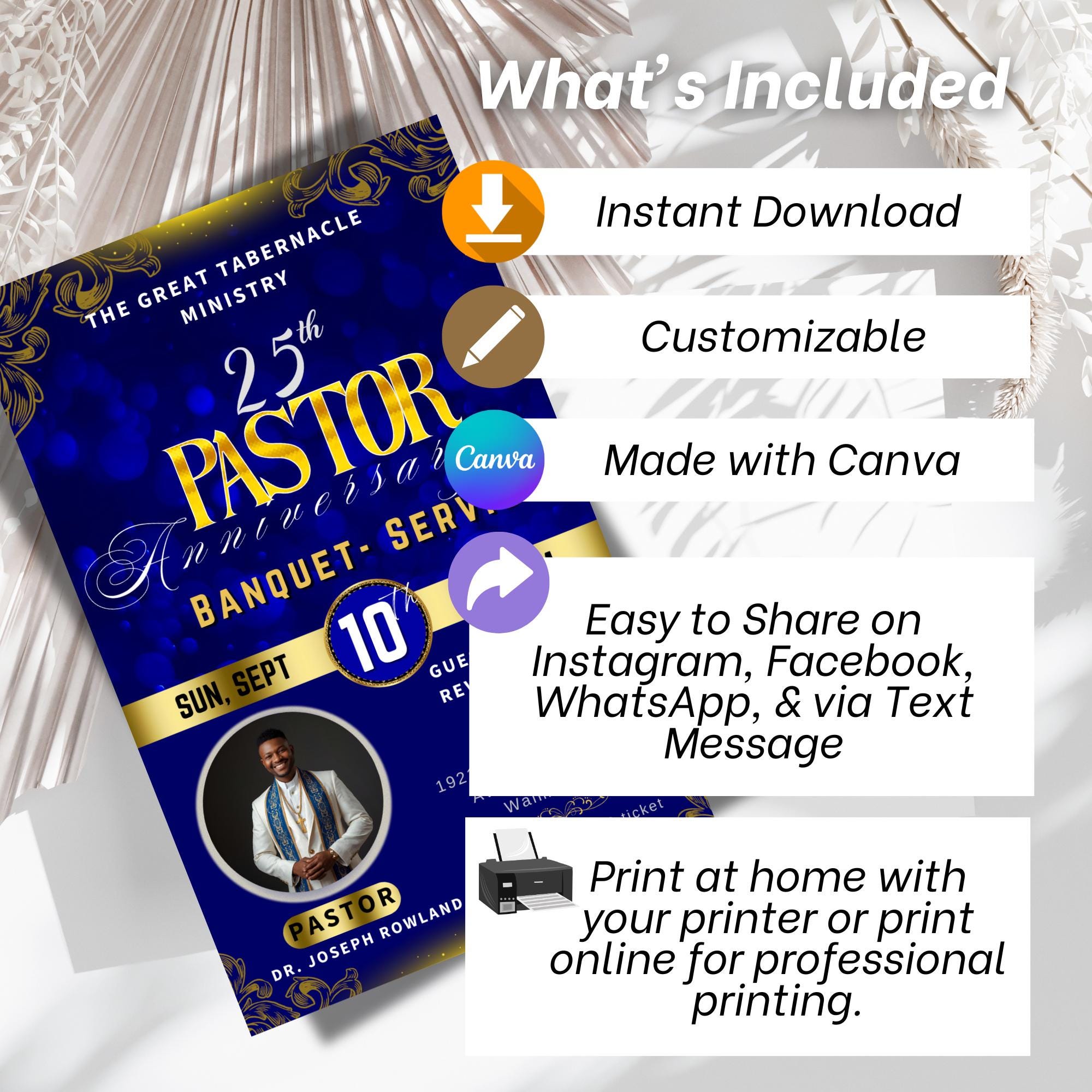 Editable Pastor Anniversary Banquet Flyer, Blue & Gold Anniversary ...