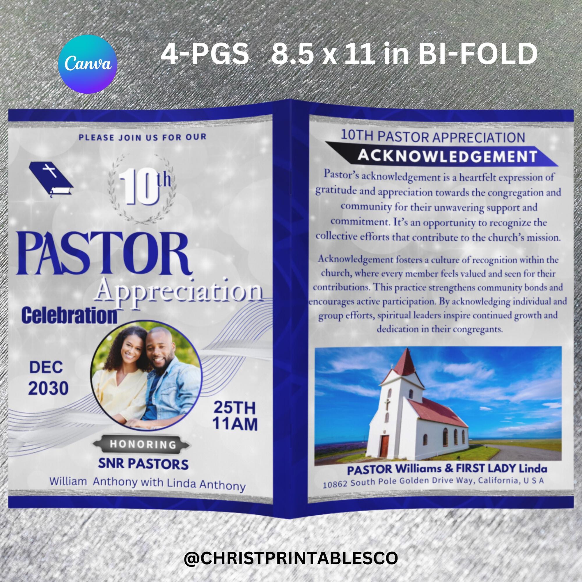 Editable Pastor Appreciation Program Template, Blue and Silver Bi-fold ...