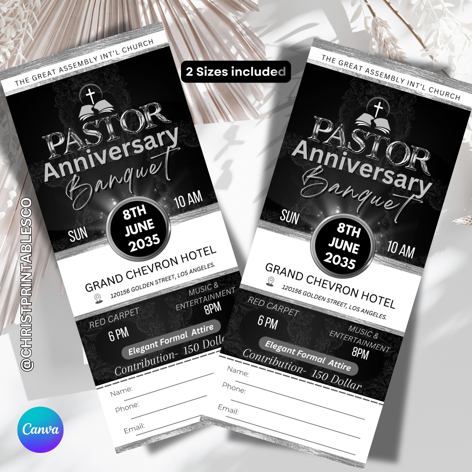 Editable Pastor Anniversary Luxury Banquet Ticket Template for Canva ...