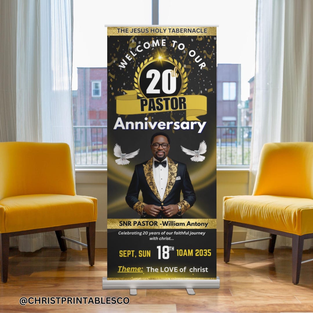 Editable Pastor Anniversary Retractable Banner, Elegant Black & Gold ...