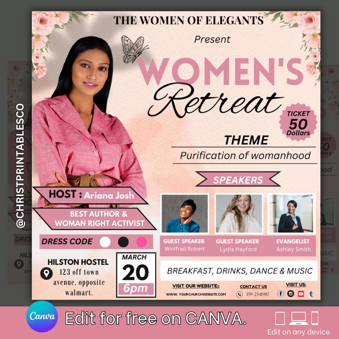 Editable Women's Retreat Pink Floral Flyer, Women's Event Flyer ...