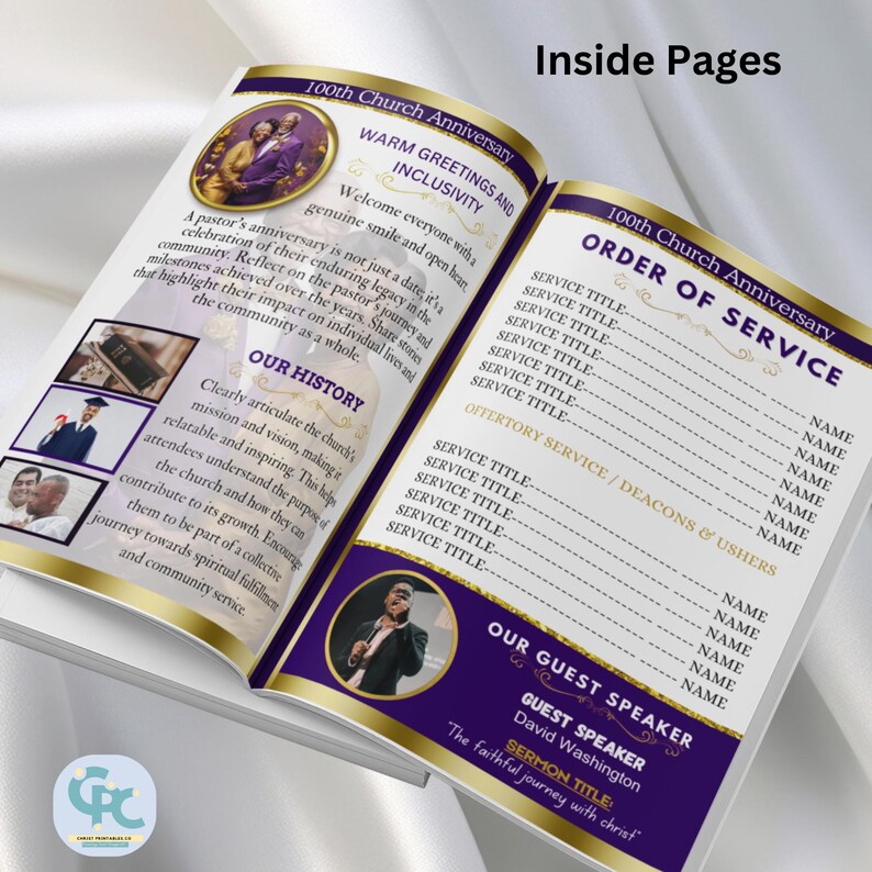 4 Pages Editable Church Anniversary Program, Purple and Gold Church ...