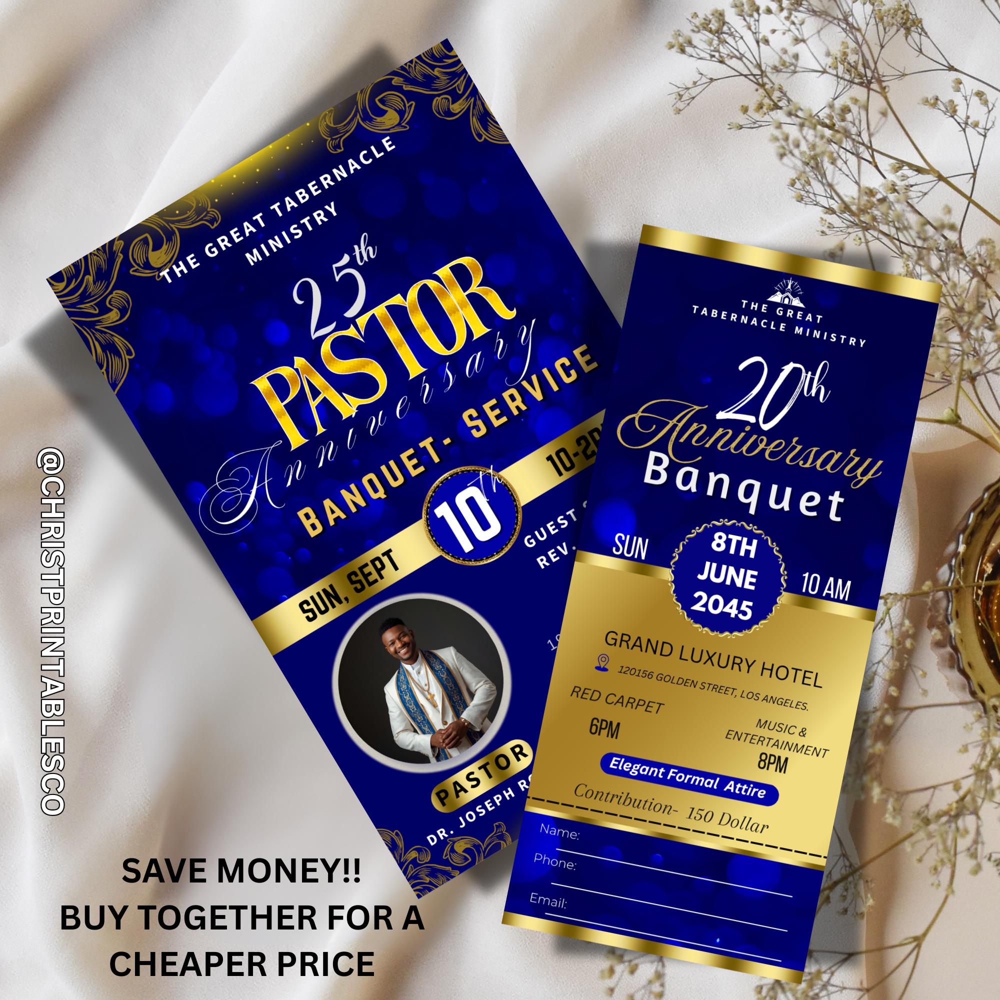 Editable Pastor Anniversary Banquet Flyer, Blue & Gold Anniversary ...