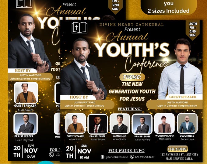 Praise and Worship Conference Church Flyer, Black and Gold, Editable in ...