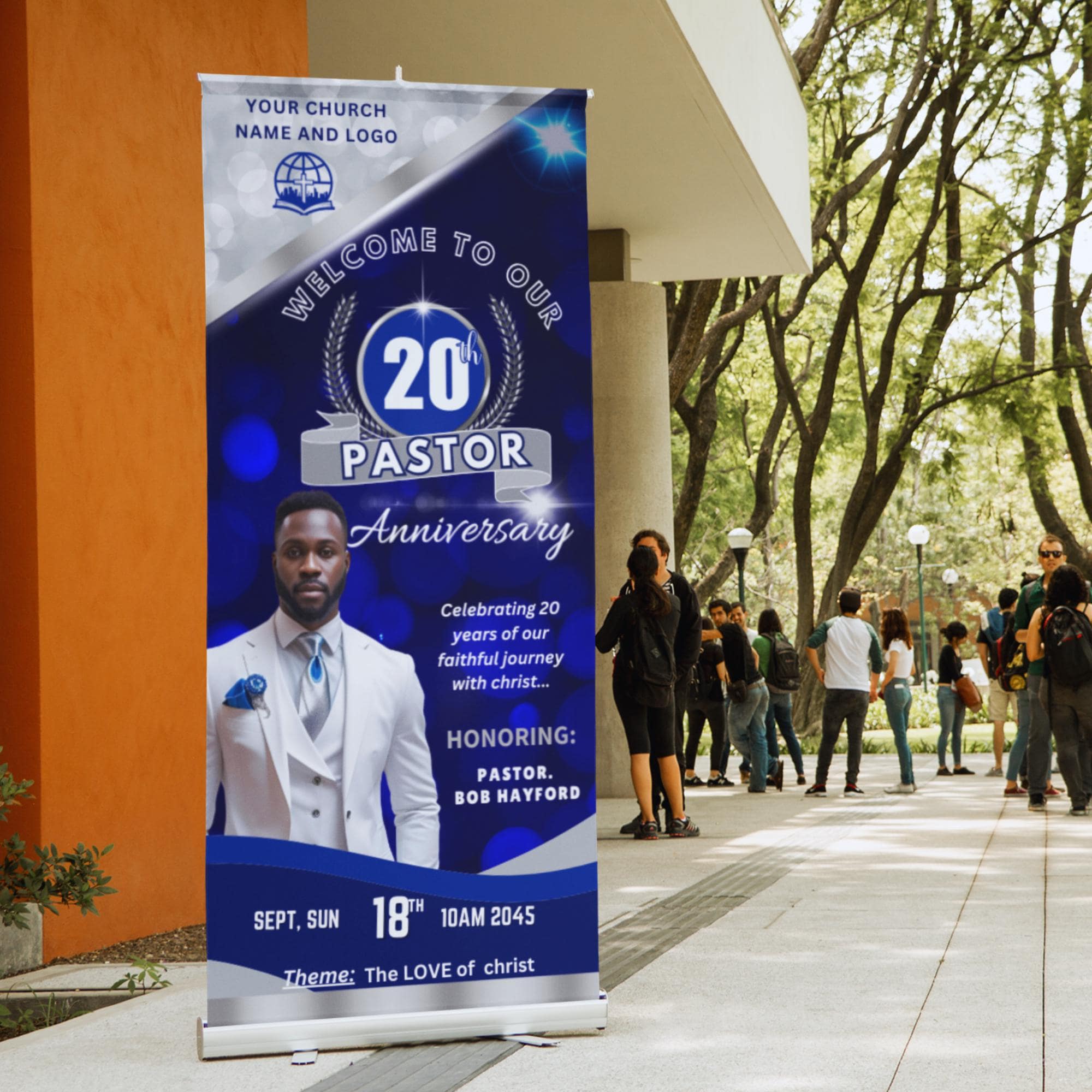 Blue and Silver Pastor Anniversary Retractable Banner, Editable Rollup ...