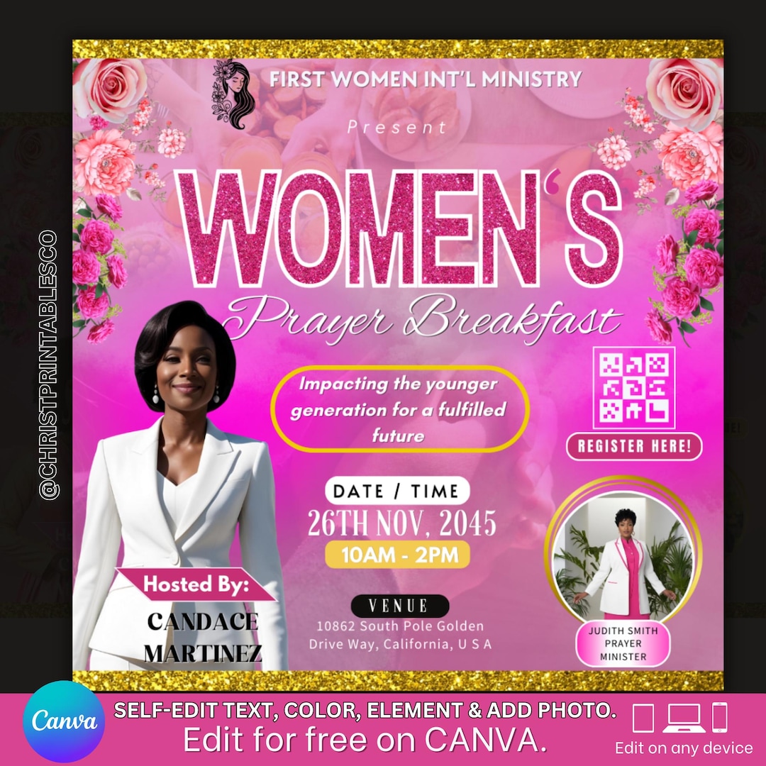 Pink Floral Women's Prayer Breakfast Flyer, Editable Women's Brunch ...
