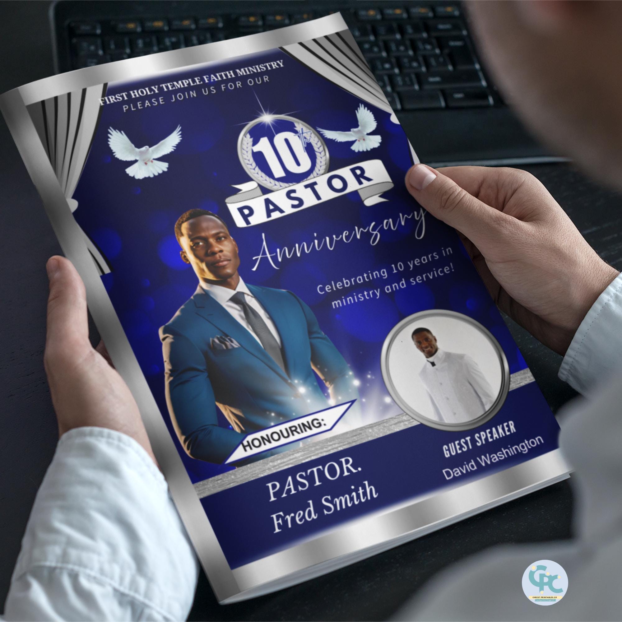 Editable 4 Pages Pastor Anniversary Program Template, Blue & Silver Program Template, (11 X 8.5 ...