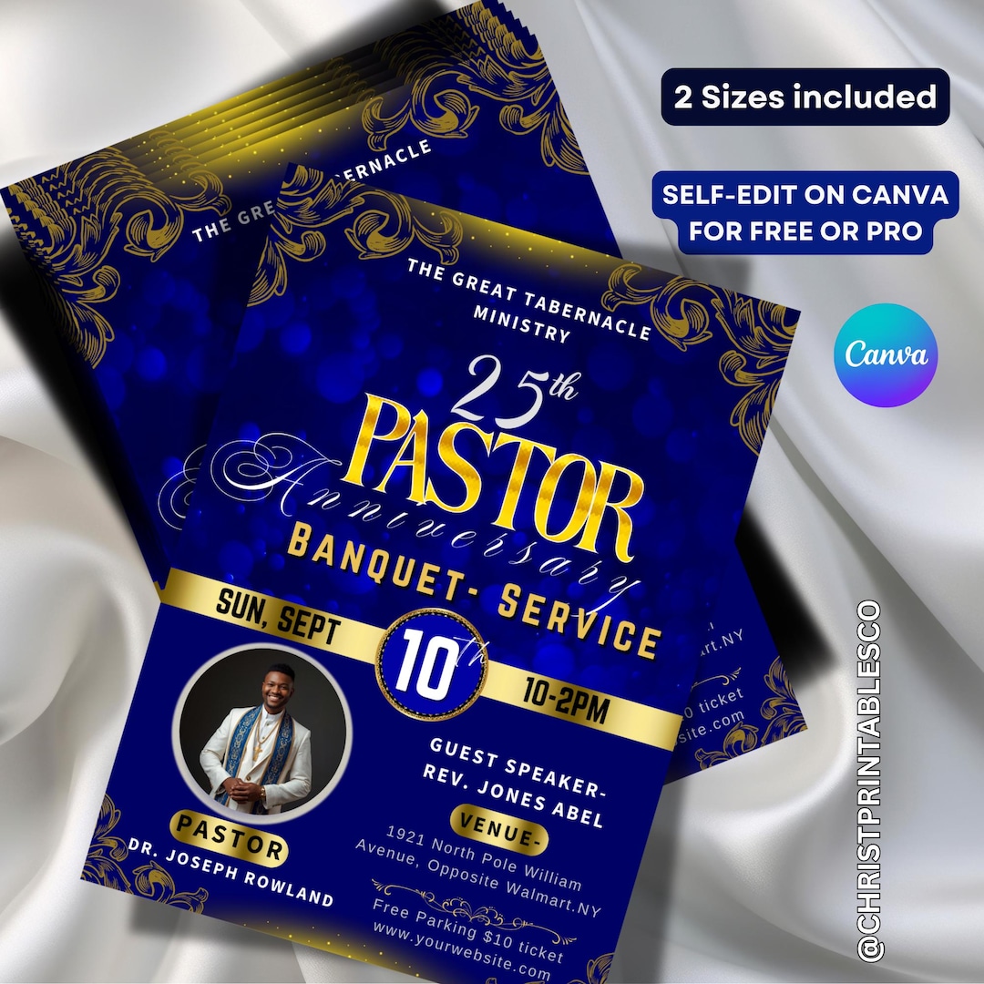 Editable Pastor Anniversary Banquet Flyer, Blue & Gold Anniversary ...
