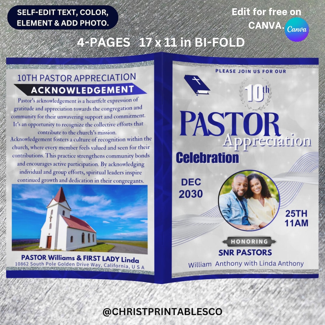 Editable Pastor Appreciation Program Template, Blue & Silver Bi-fold ...