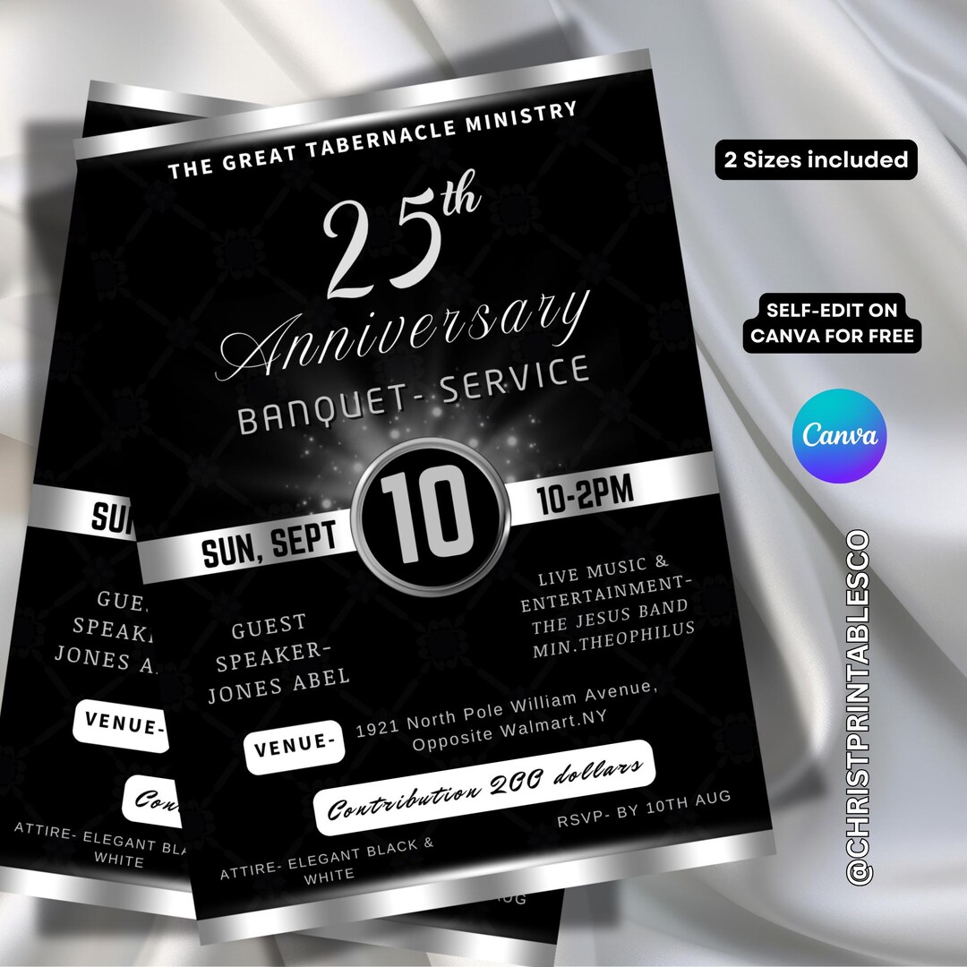 Editable Church Anniversary Banquet Invitation, Black & Silver ...