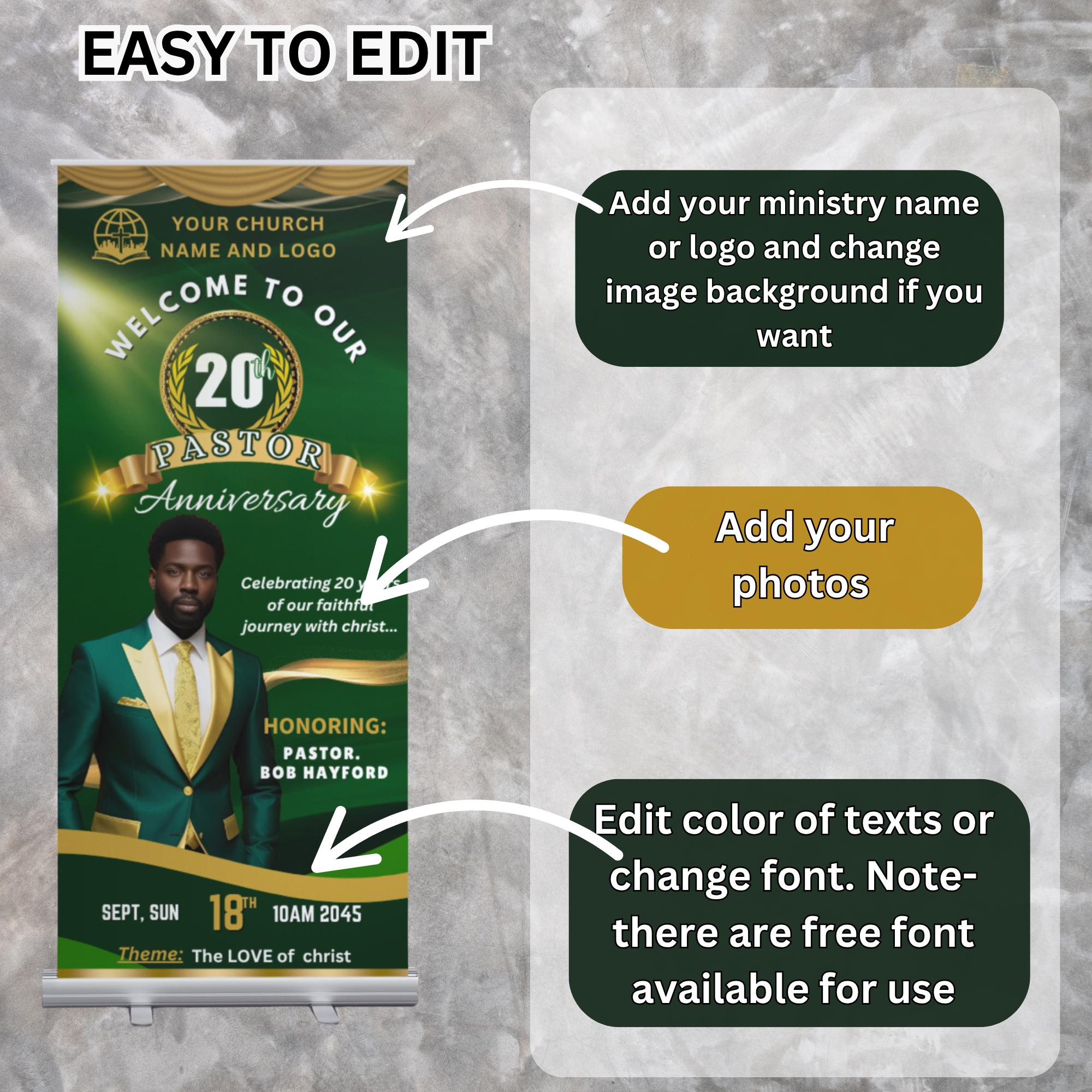 Green and Gold Pastor Anniversary Retractable Banner, Editable Rollup ...