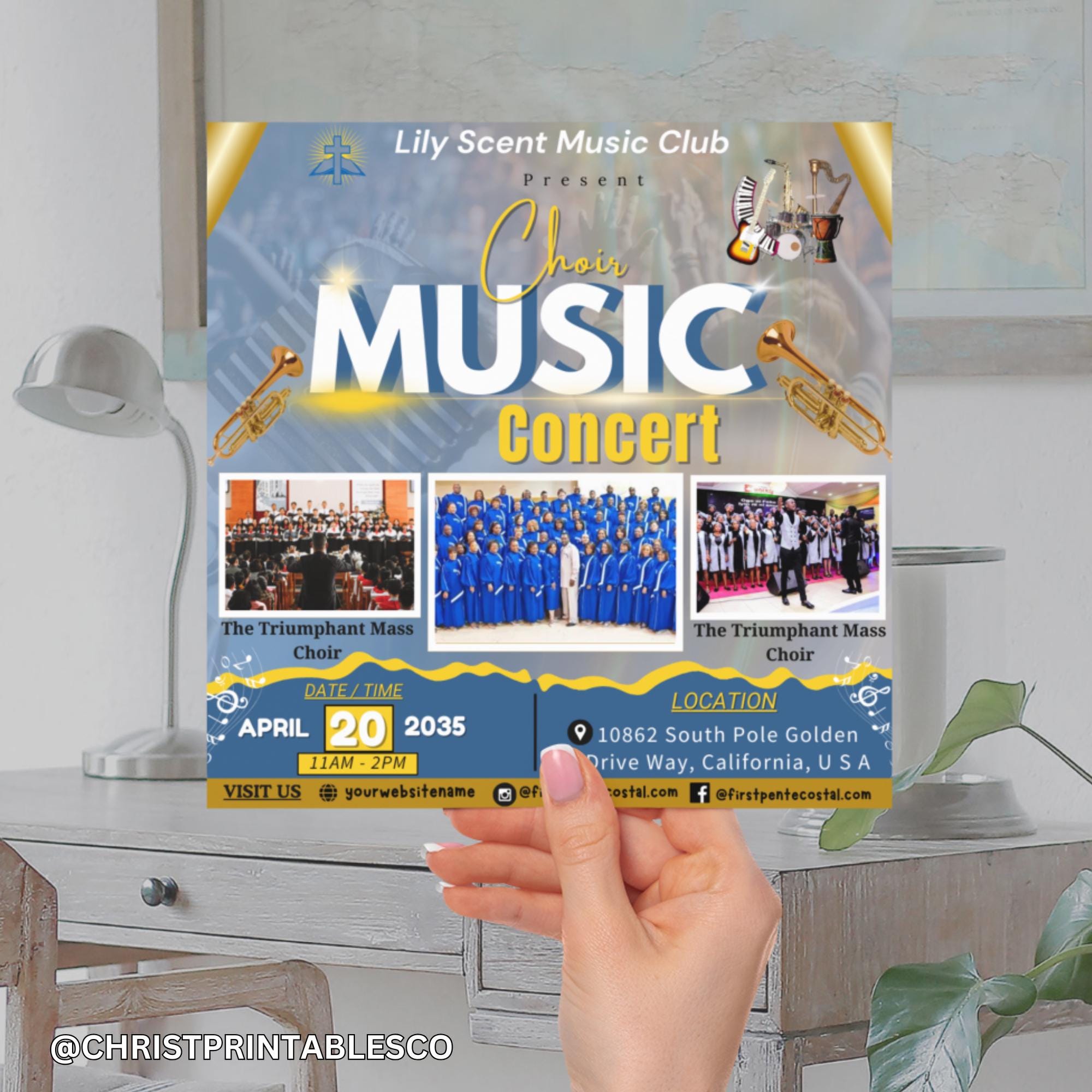 Editable Choir Music Concert Flyer, Sky Blue & Gold Music Poster, Music ...