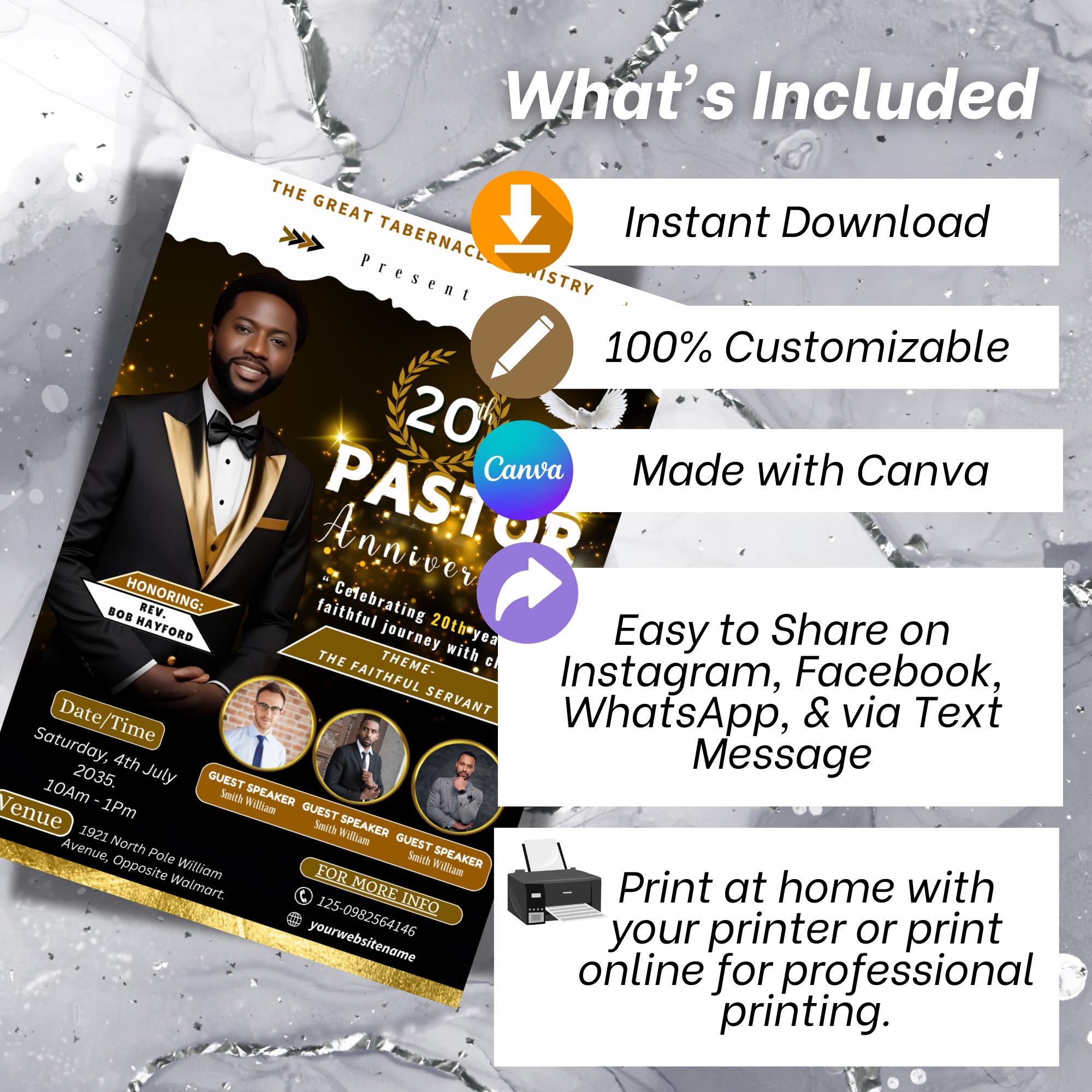 Editable Black & Gold Pastor Anniversary Flyer, Invitation for Pastor ...