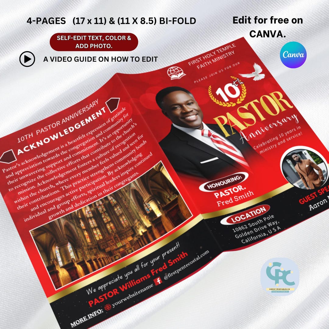 4 Pages Red and Gold Pastor Anniversary Program, Editable Pastor ...