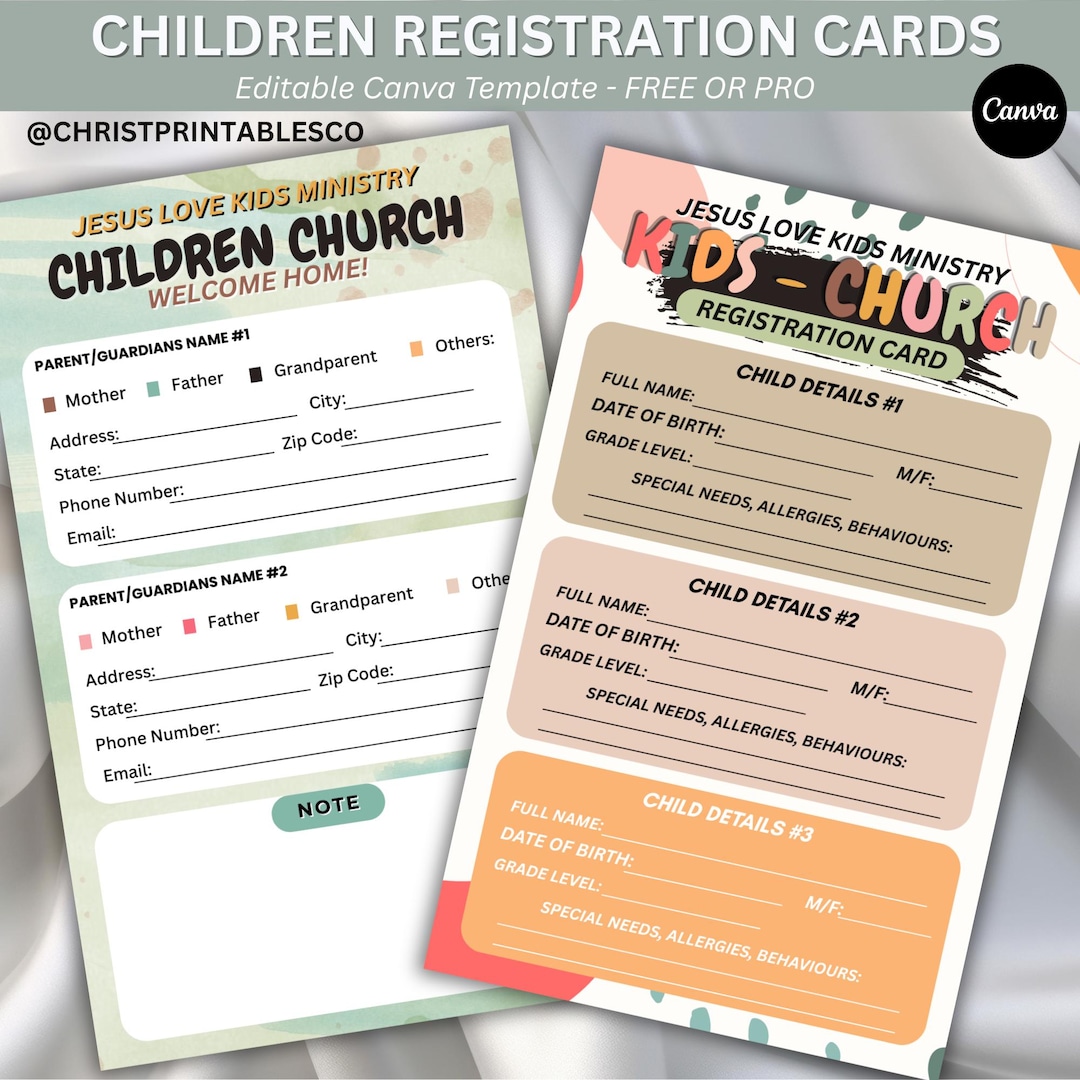 Editable Children Registration Cards, Kids Ministry Registration Form ...