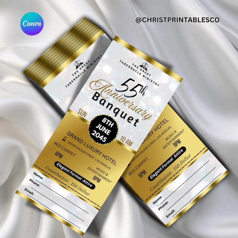 Editable Anniversary Luxury Banquet Ticket Template for Canva, White ...