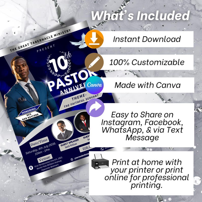 Editable Pastor Anniversary Flyer, Blue and Silver Anniversary Flyer ...
