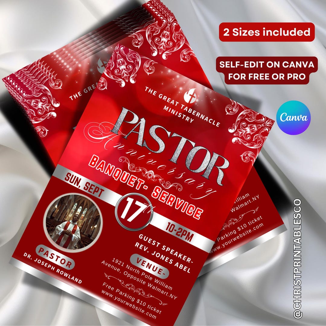 Editable Pastor Anniversary Banquet Flyer, Red & Silver Anniversary ...