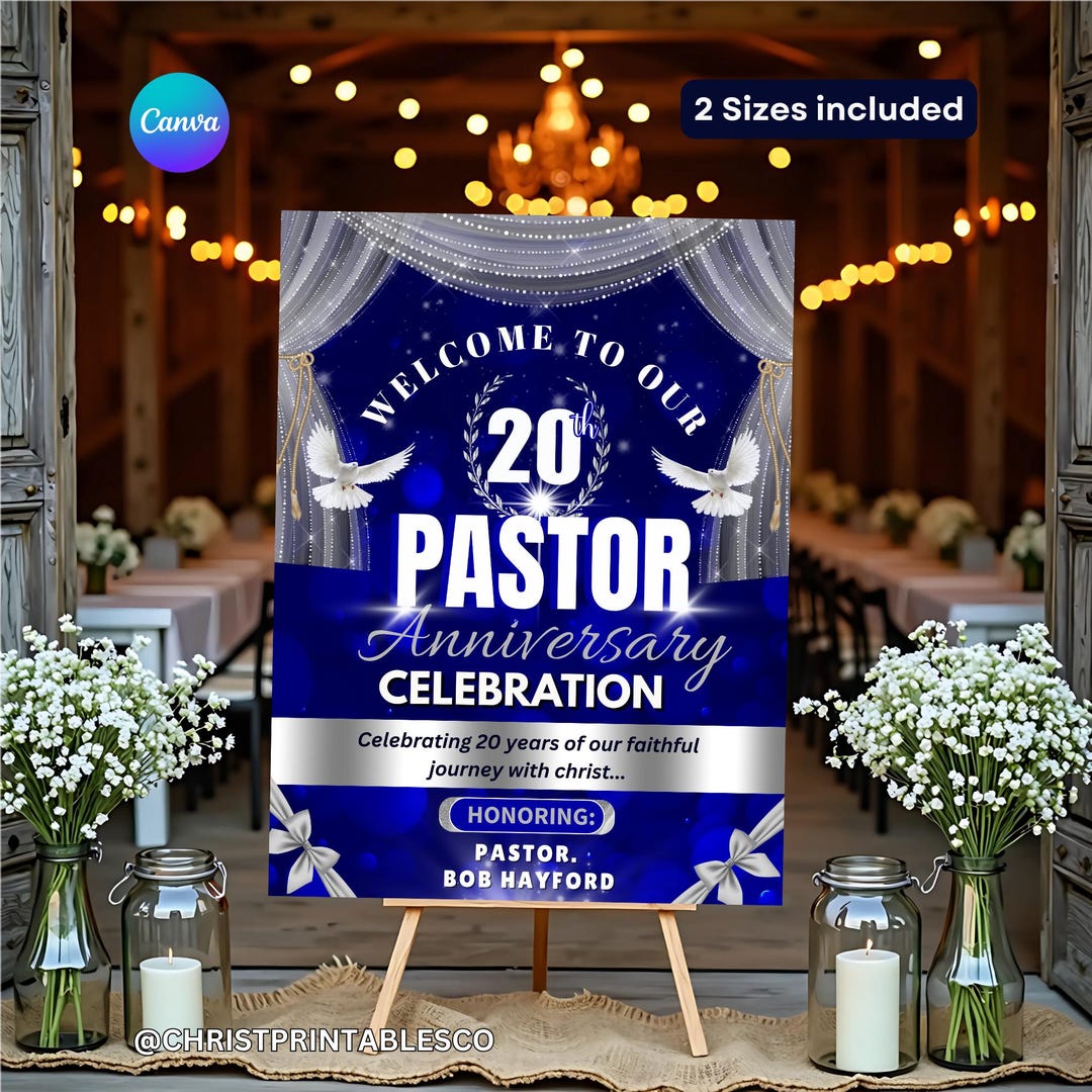 Blue & Silver Pastor Anniversary Welcome Sign, Editable Church Sign ...