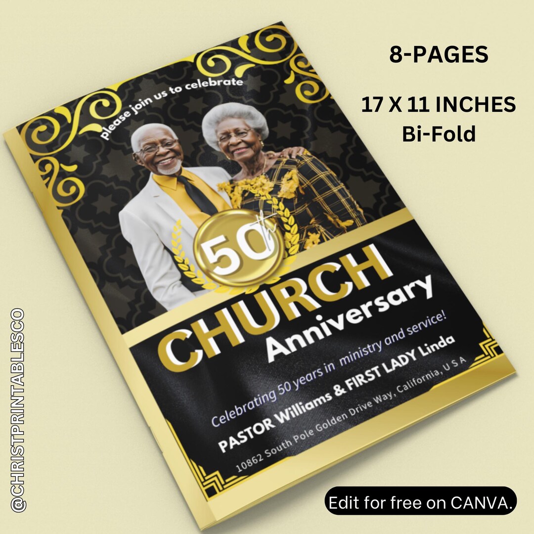 Editable 8 Pages Church Anniversary Program Template, Black & Gold ...