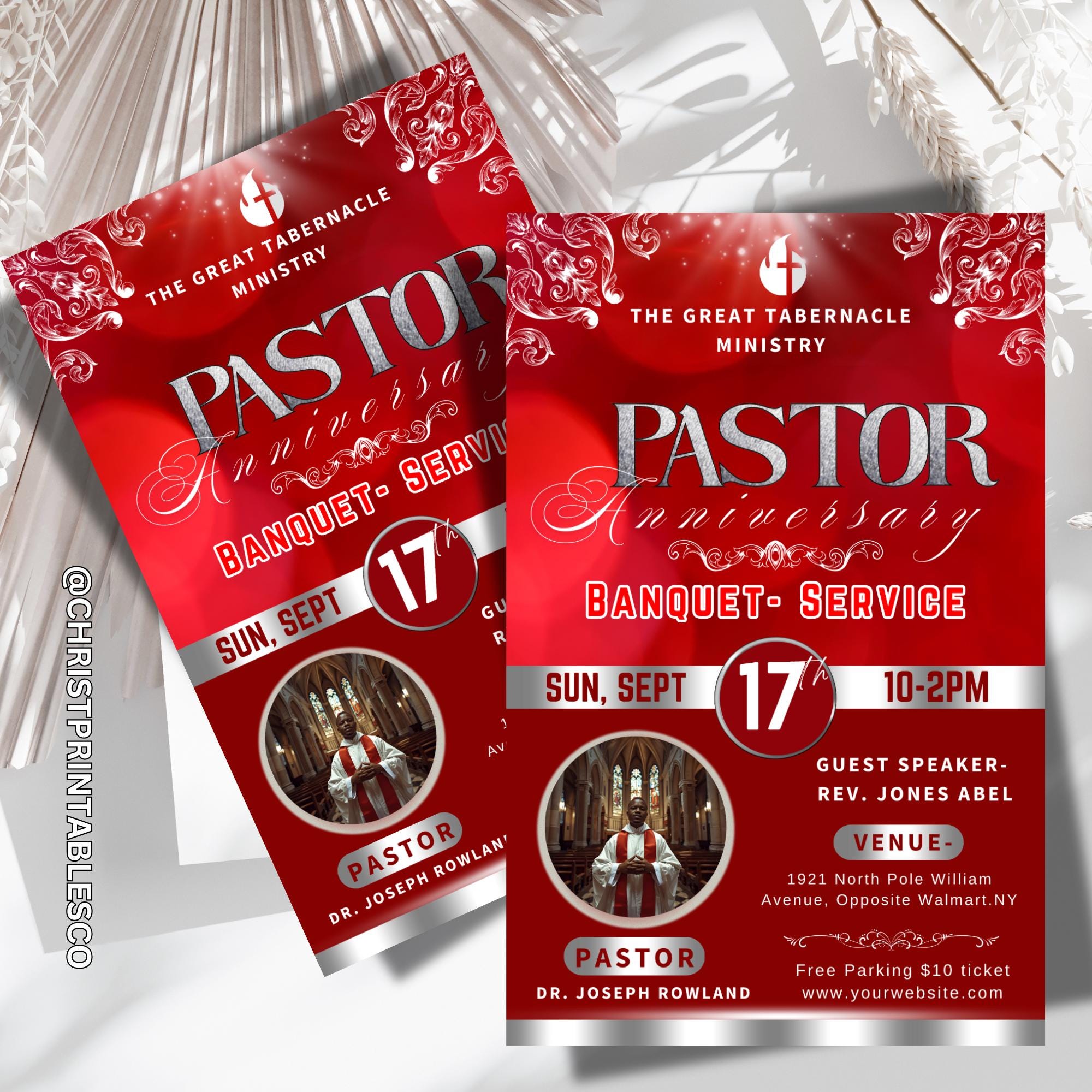 Editable Pastor Anniversary Banquet Flyer, Red & Silver Anniversary ...