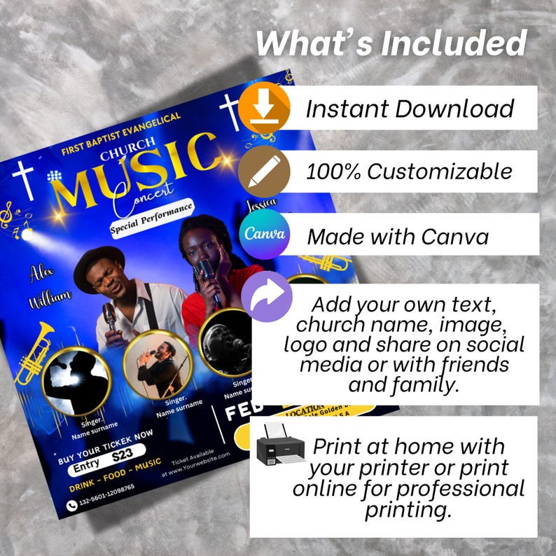 Editable Church Music Concert Flyer, Blue & Gold Music Flyer, Church ...