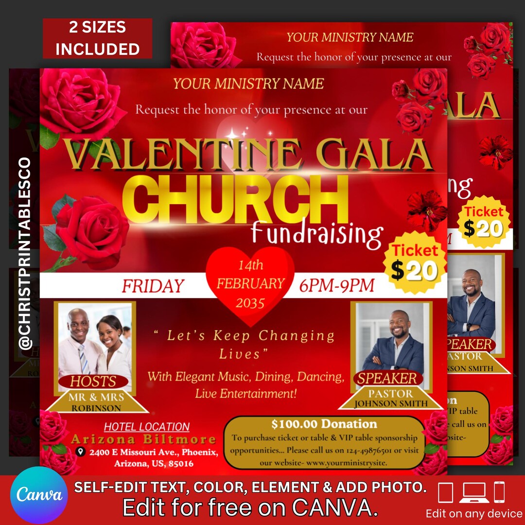 Editable Valentine Gala Flyer, Church Fundraising Flyer, Red Black Gold ...