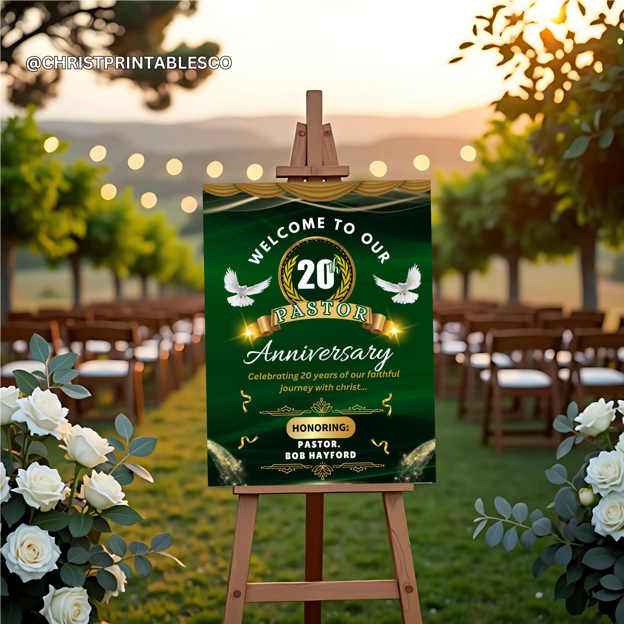 Green & Gold Pastor Anniversary Welcome Sign, Editable Church Sign ...
