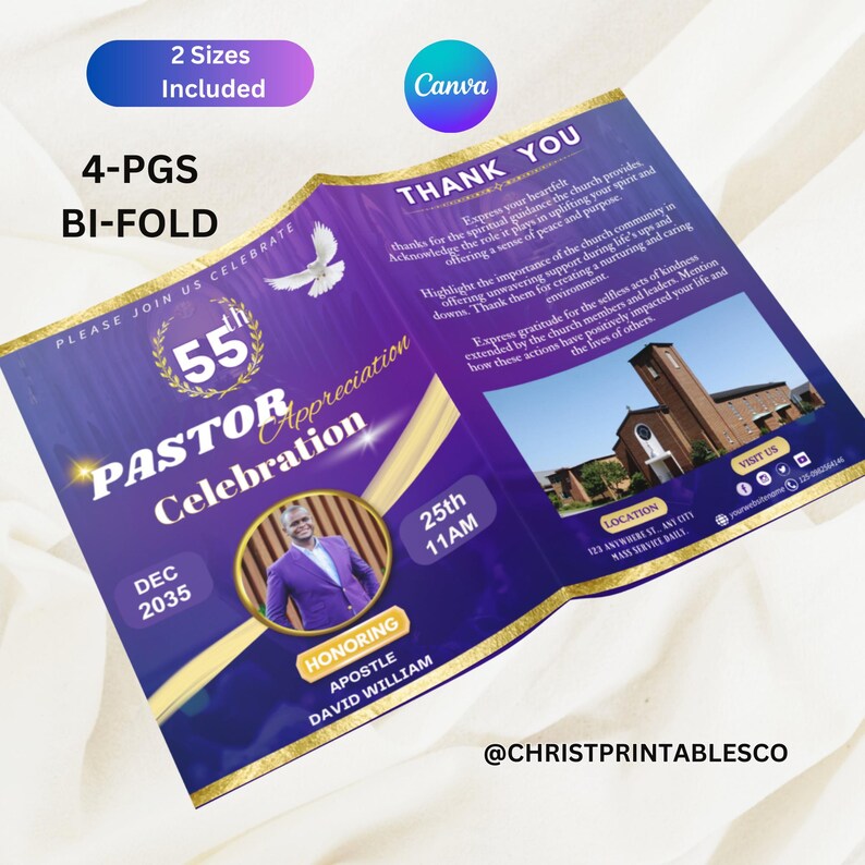 Editable Pastor Appreciation Program Template, Purple & Gold Bi-fold ...