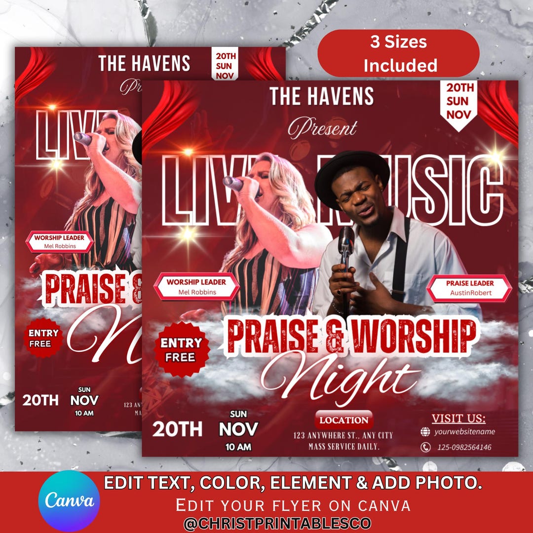 DIY Praise & Worship RED Music Flyer, Canva Music Poster, Prayer Church ...