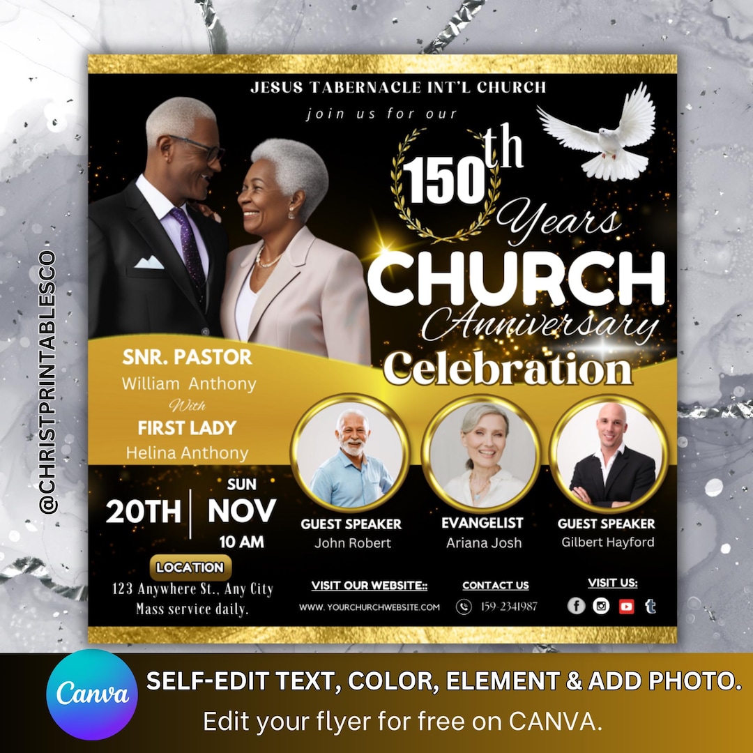 Editable Church Anniversary Flyer, Black & Gold Church Anniversary ...