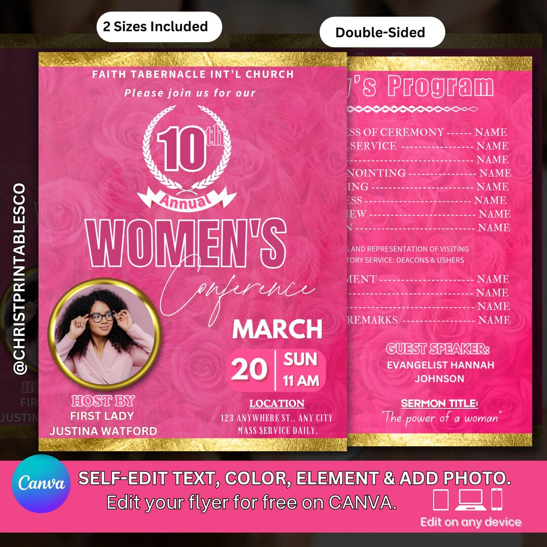 Editable Women's Program Template, Pink & Gold Template Program, Single Sheet, Double Sided ...
