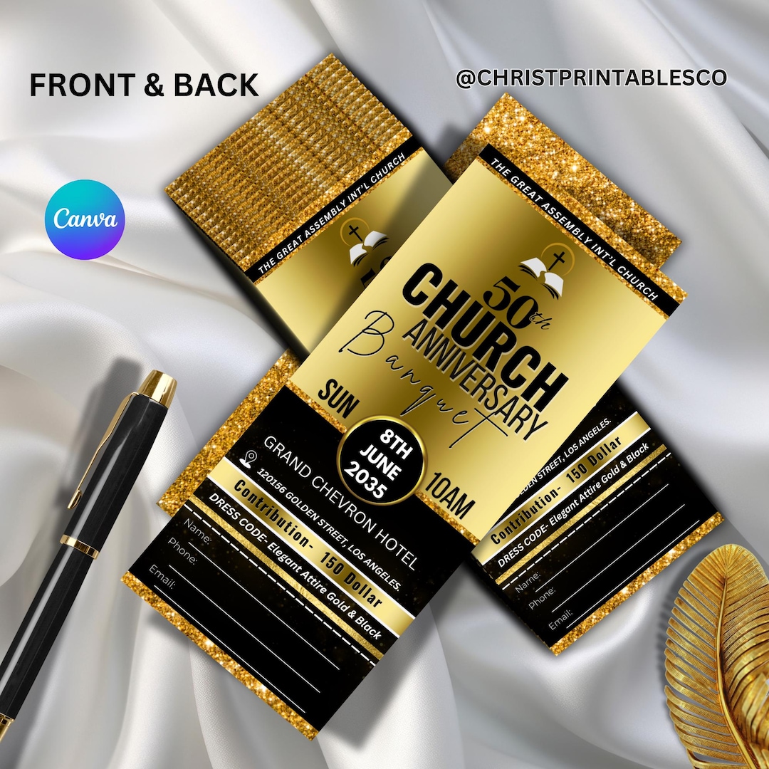 Church Event Luxury Banquet Ticket Template for Canva, Editable Black ...