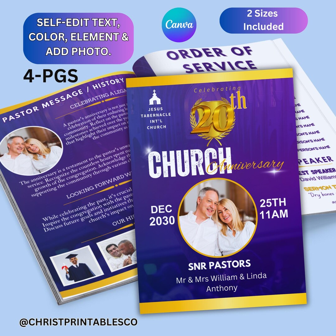 Purple and Gold 20th Church Anniversary Program Canva Template, 8.5x11 ...