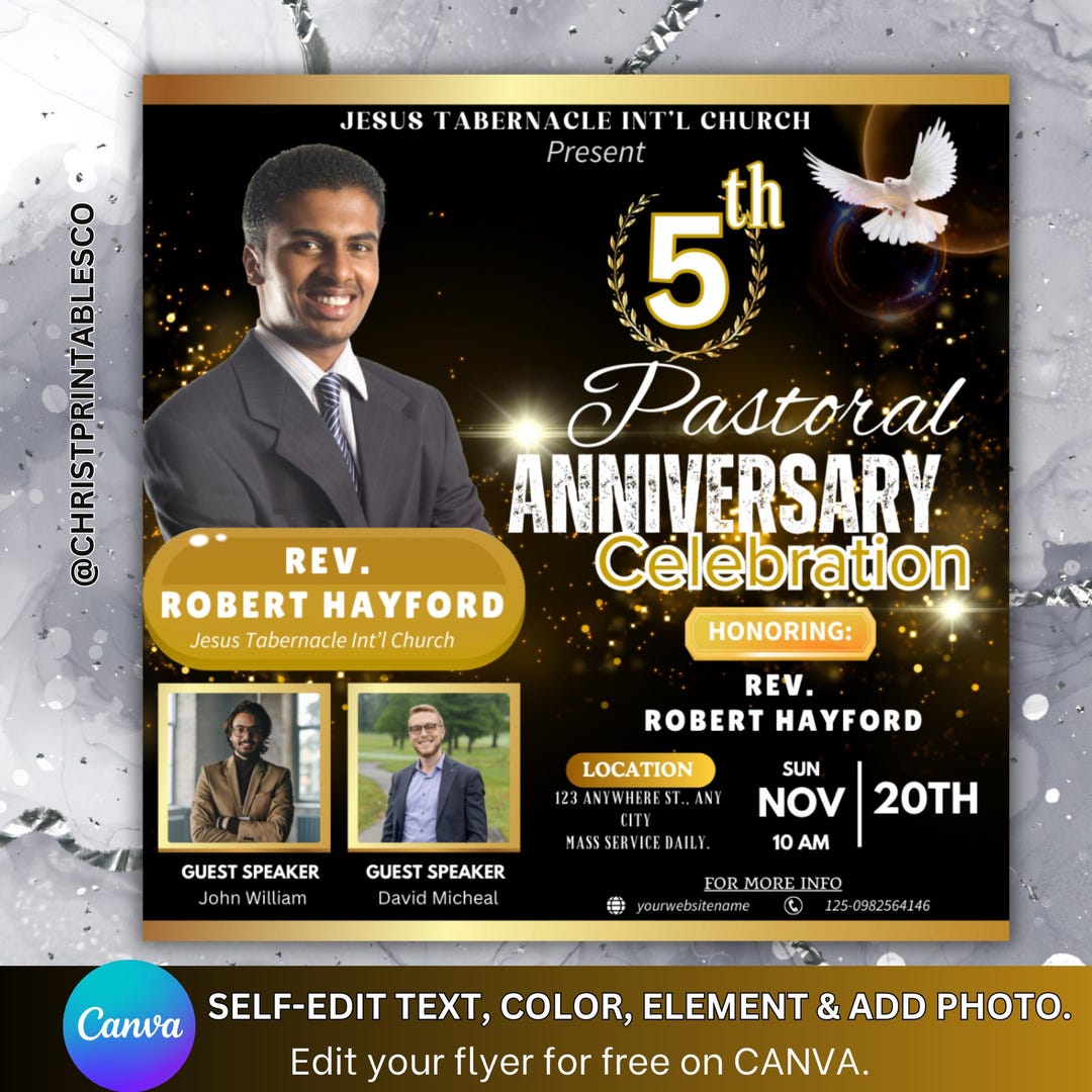 Editable Pastoral Anniversary Flyer, Black & Gold Pastoral Flyer ...