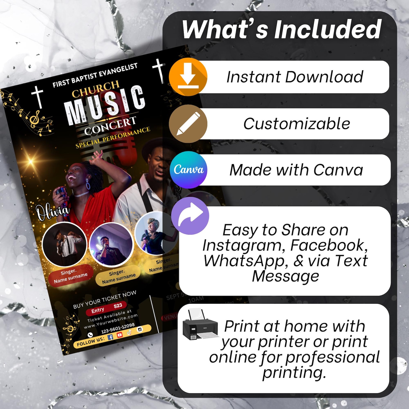 DIY Church Music Concert Black & Gold Flyer, Editable Music Poster ...