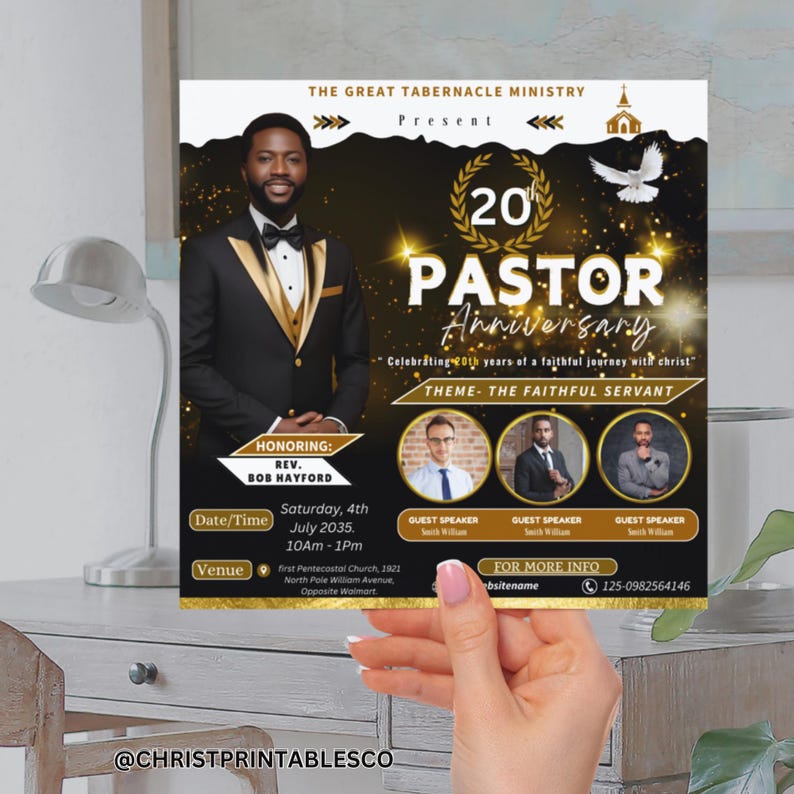 Editable Black & Gold Pastor Anniversary Flyer, Invitation for Pastor ...