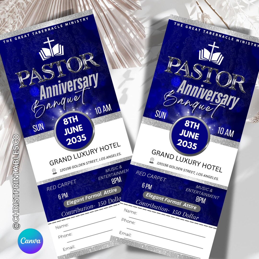 Editable Pastor Anniversary Luxury Banquet Ticket Template for Canva ...