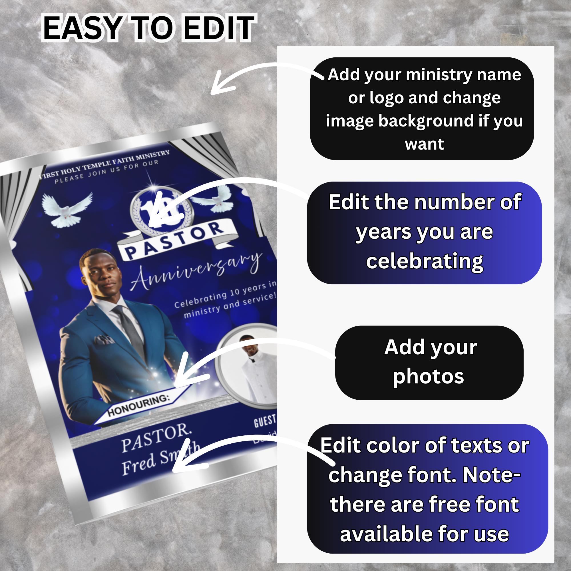 Editable 4 Pages Pastor Anniversary Program Template, Blue & Silver Program Template, (11 X 8.5 ...