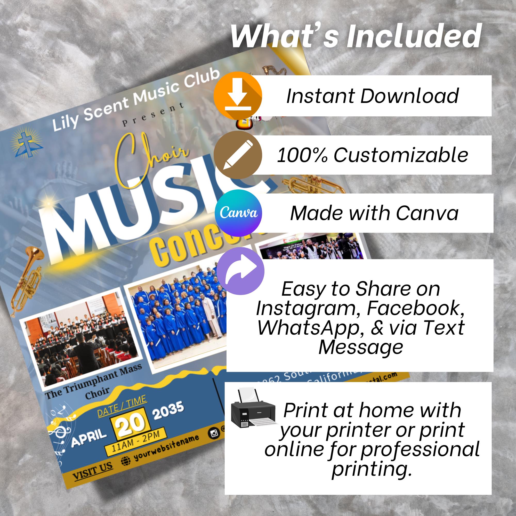 Editable Choir Music Concert Flyer, Sky Blue & Gold Music Poster, Music ...