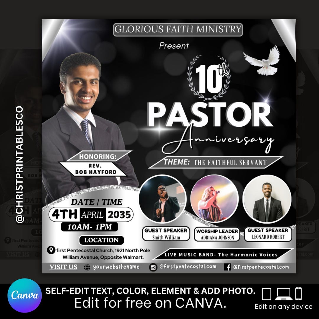 Editable Pastor Anniversary Flyer, Black and Silver Anniversary Flyer ...