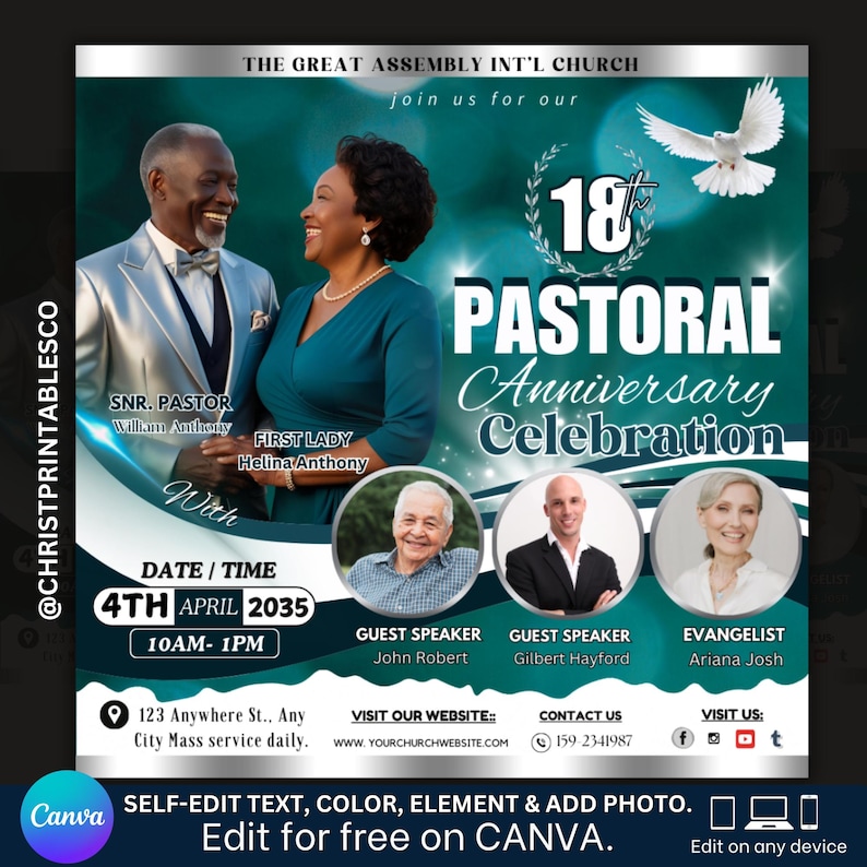 Teal & Silver Pastoral Anniversary Flyer, Editable Flyer for Pastor ...