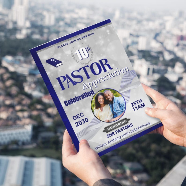 Editable Pastor Appreciation Program Template, Blue and Silver Bi-fold ...