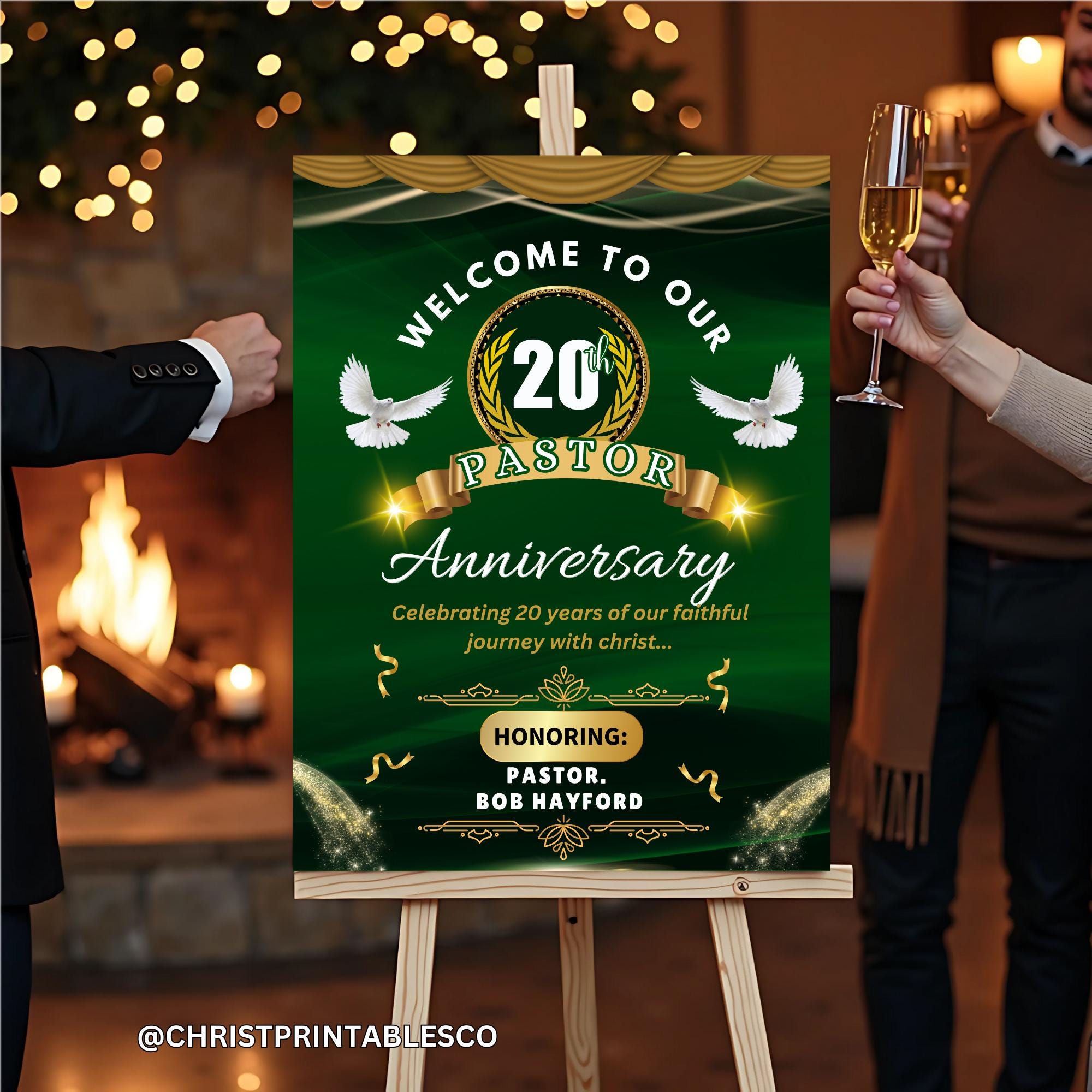 Green & Gold Pastor Anniversary Welcome Sign, Editable Church Sign ...