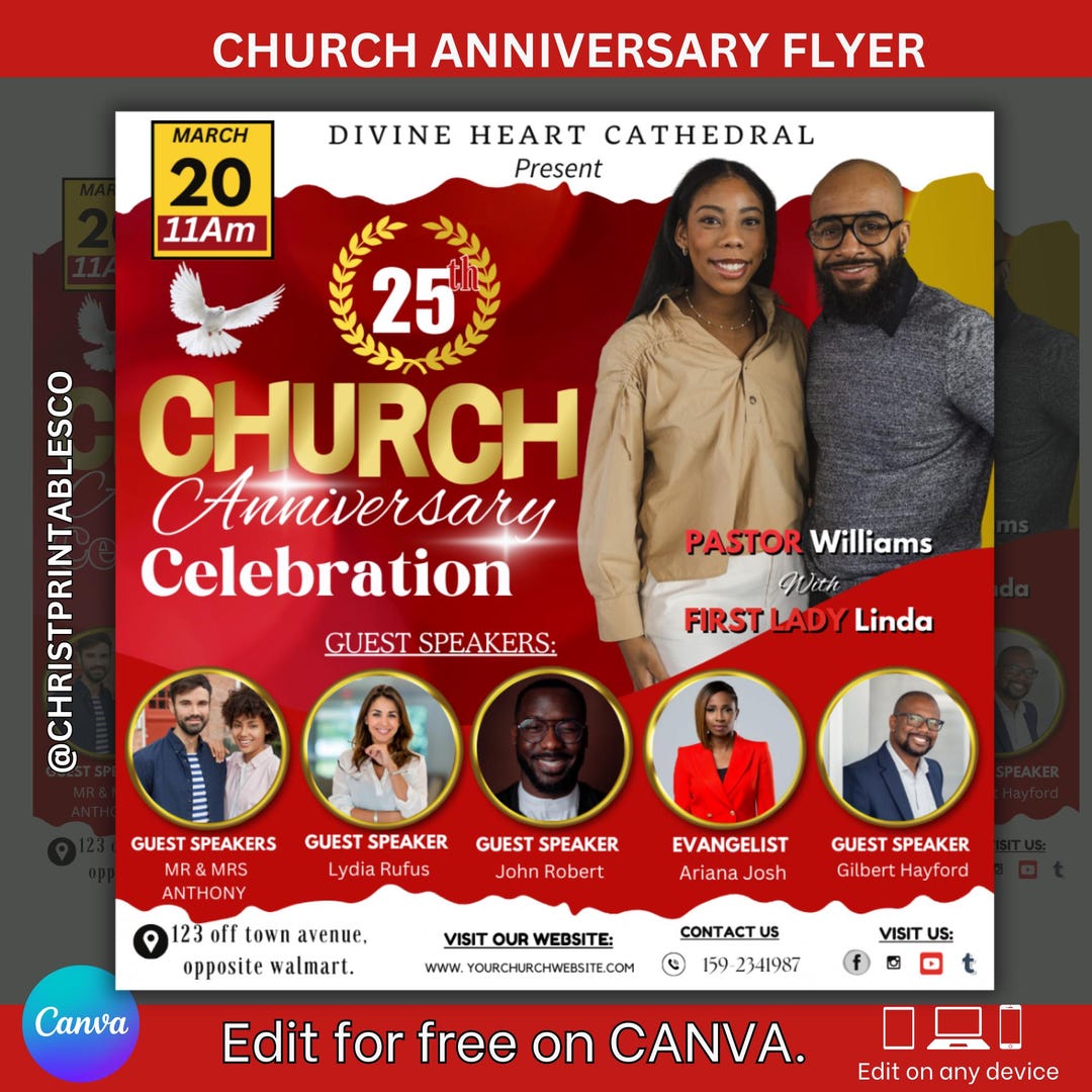 Editable Church Anniversary Flyer, Red & Gold Church Anniversary Flyer ...