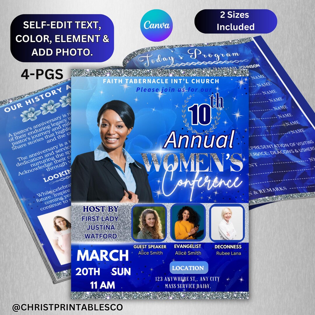 DIY Women Conference Program Template, Blue & Silver Floral Template, 8 ...