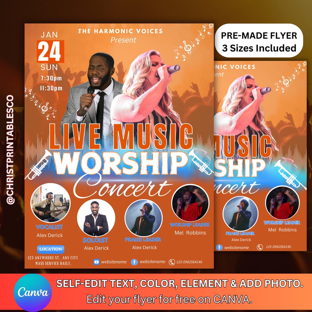 Editable Music Concert Flyer, Worship Concert & Service Poster, Live ...