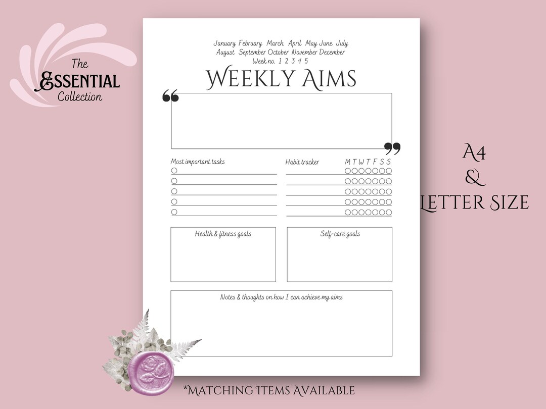 Printable Weekly Aims With Notes Printable Goal Tracker A4 Letter Size ...