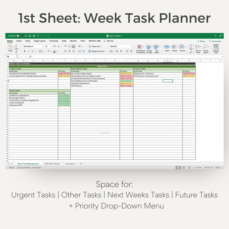 Excel Task Tracker and Planner, To-do List, Corporate and Personal Task ...