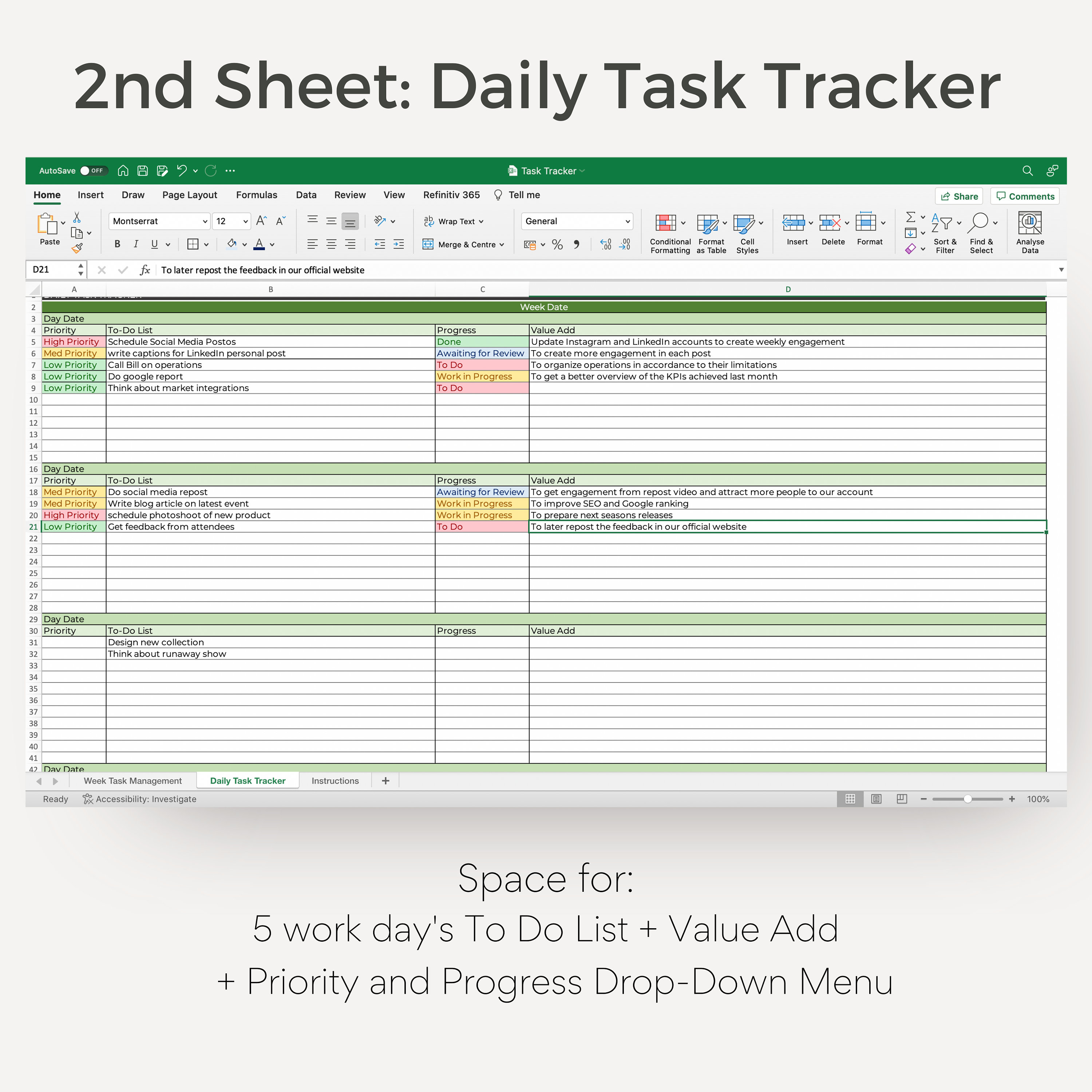 Excel Task Tracker and Planner, To-do List, Corporate and Personal Task ...